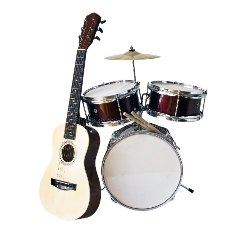Acoustic Guitar and a Drum Kit Isolated on White Background Stock Photo ...