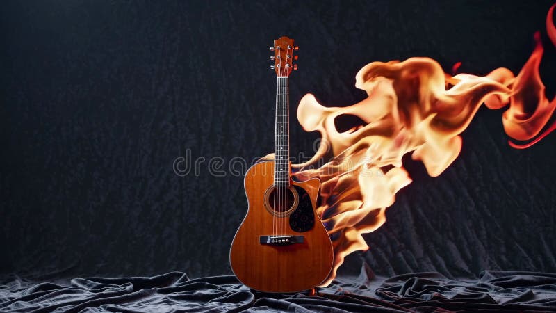 Acoustic Guitar with Fire Flame Effect on Stage, Dramatic Music Concept ...