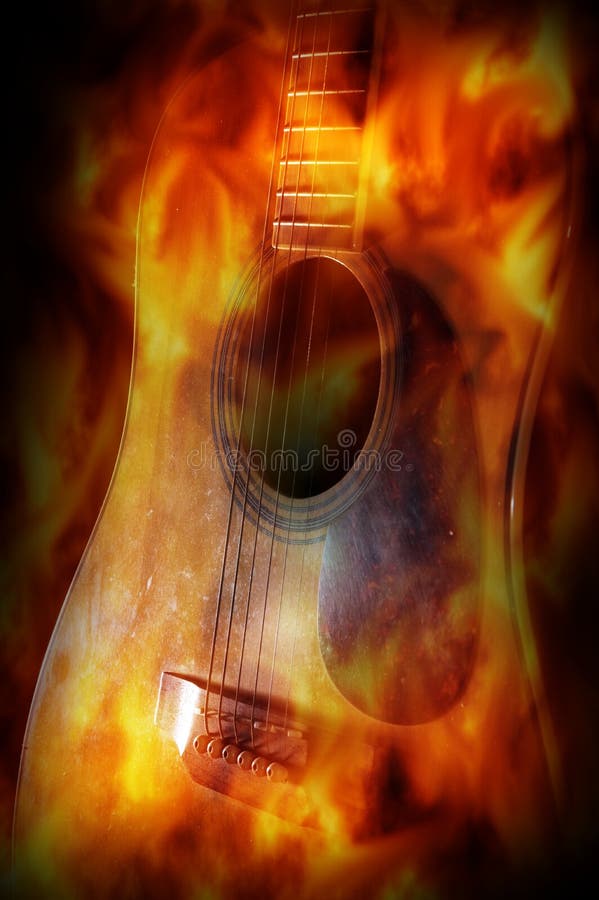 Acoustic Guitar with Fire Flame Screen. Stock Image - Image of melody ...
