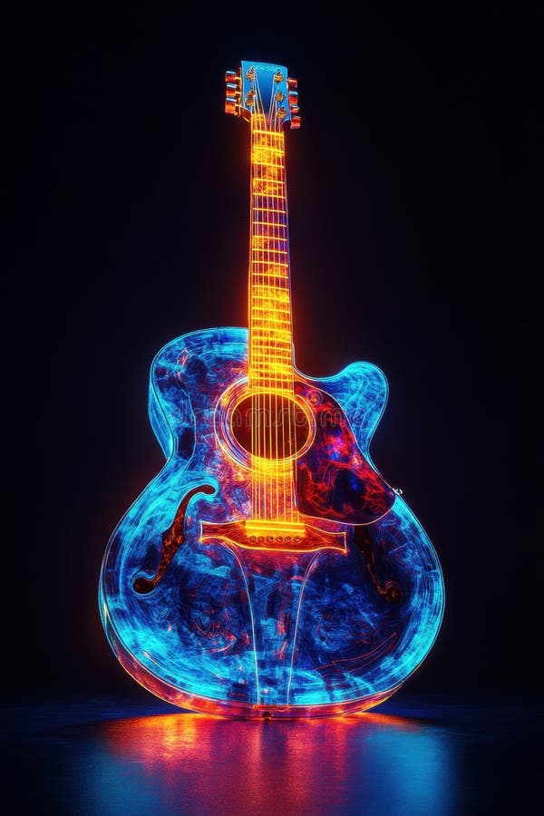 Colorful Acoustic Guitar Glowing with Neon Lights Stands Against a Dark ...