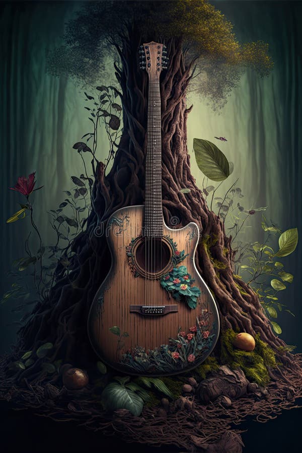 Acoustic Guitar Inside the Tree , Growing into Magic Forest. AI ...