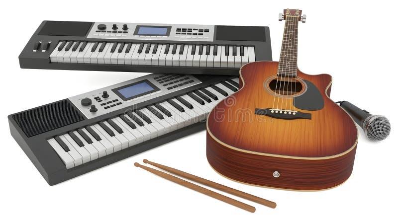 Acoustic Guitar, Keyboards, and Microphone: Music Studio Setup Stock ...