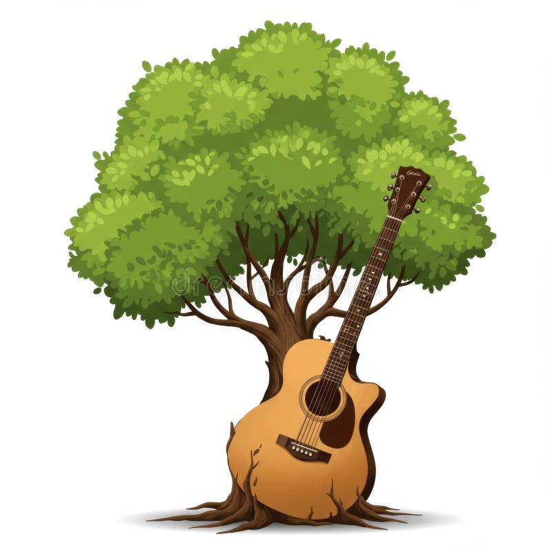 Acoustic Guitar Leaning Against a Lush Green Tree Stock Illustration ...