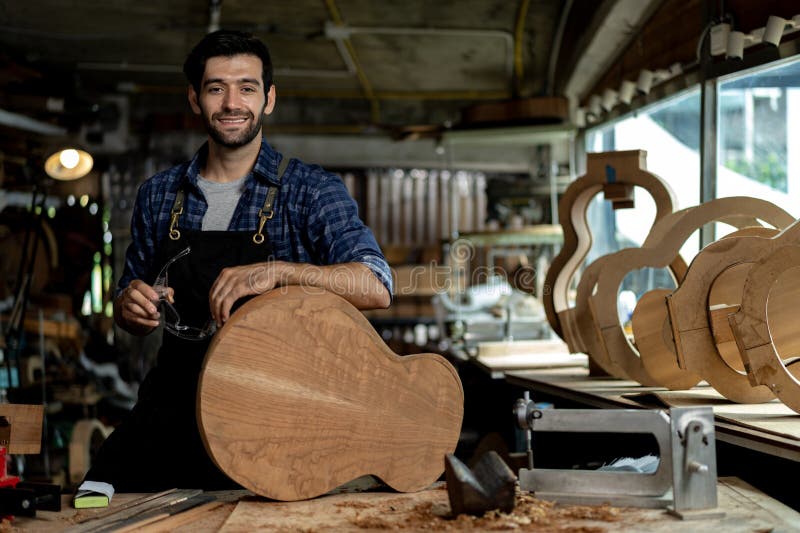 Acoustic Guitar Luthier Smiling in Workshop Portrait Stock Image ...