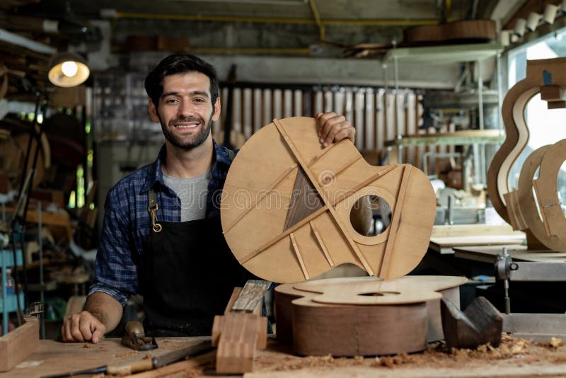 Acoustic Guitar Luthier Smiling in Workshop Portrait Stock Image ...