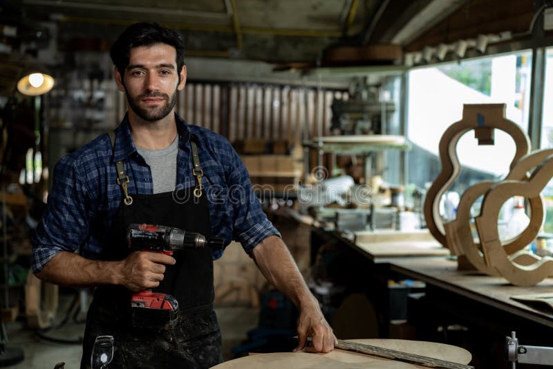 Acoustic Guitar Luthier Smiling in Workshop Portrait Stock Image ...