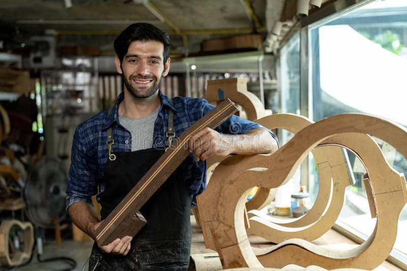 Acoustic Guitar Luthier Smiling in Workshop Portrait Stock Image ...