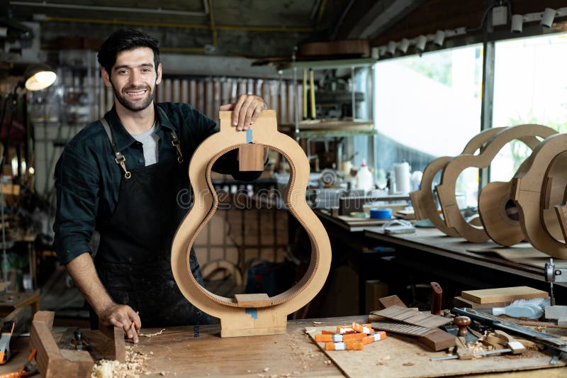 Acoustic Guitar Luthier Smiling in Workshop Portrait Stock Image ...