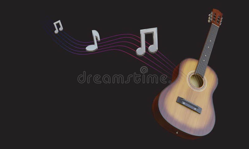 Acoustic Guitar and Music Notes Flying on Black Background Stock ...