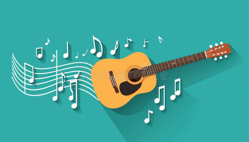Acoustic Guitar with Musical Notes on Teal Background: Harmony in ...