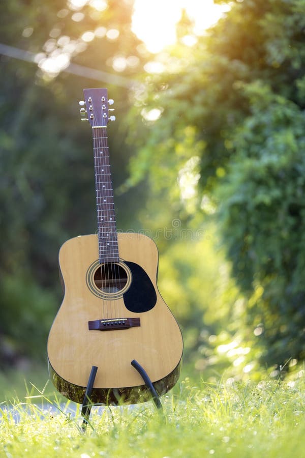 Acoustic Guitar Outdoors on Greenery Background. Concept of Calm Music ...