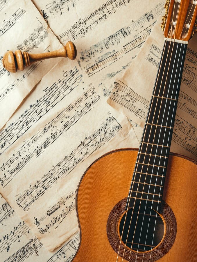 Musical Preparation Features an Acoustic Guitar, Scattered Sheet Music ...