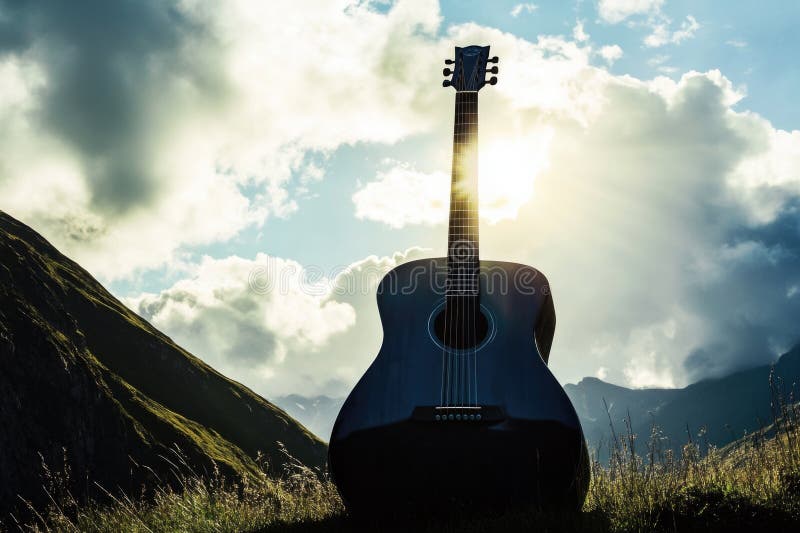 Acoustic Guitar Silhouette in Mountain Landscape at Sunset Stock Image ...