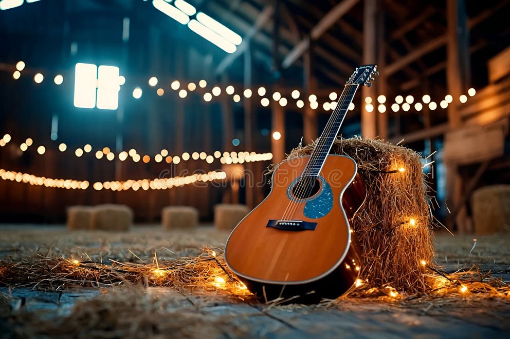 Acoustic Guitar on Straw Bale in Rustic Barn with Festive String Lights ...