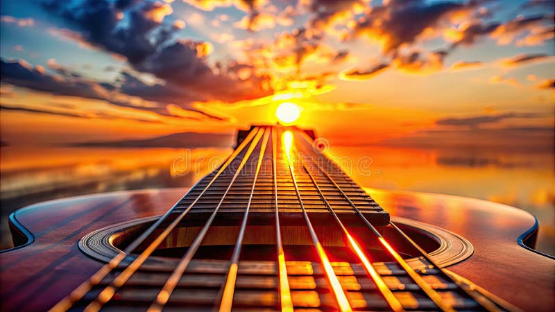 Acoustic Guitar Strings Illuminated by a Vibrant Sunset Reflecting on a ...