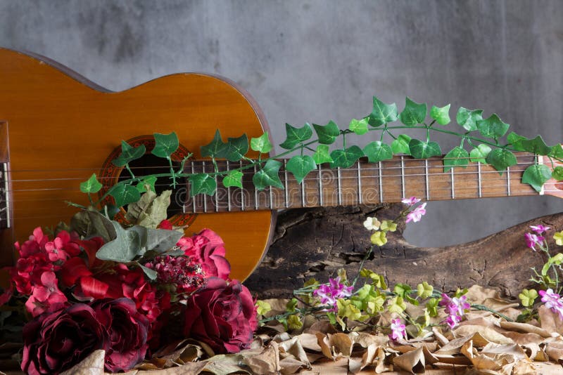 Acoustic Guitar on Wood Table Stock Image - Image of instrument ...