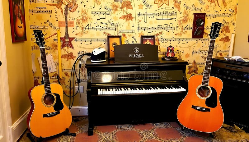 Acoustic Guitars and Piano Music, Musical Instruments and Studio Setup ...