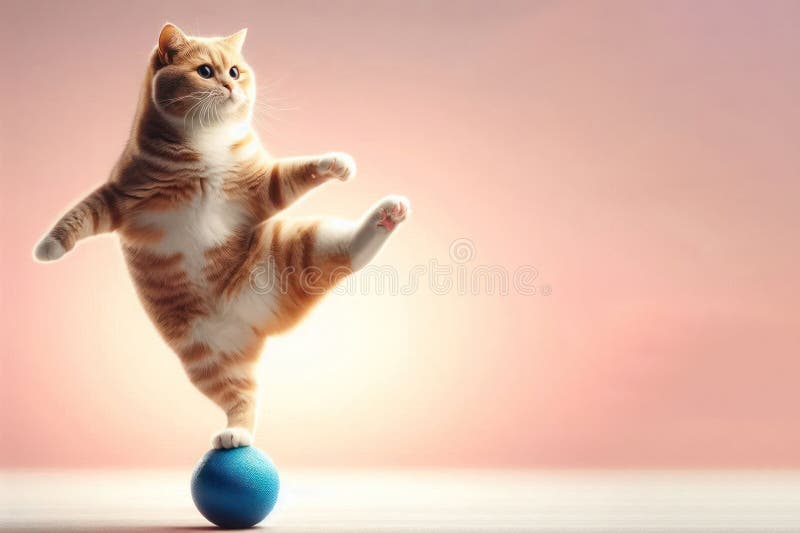 An Acrobat Cat Standing with One Paw on a Ball. Space for Text. Stock ...