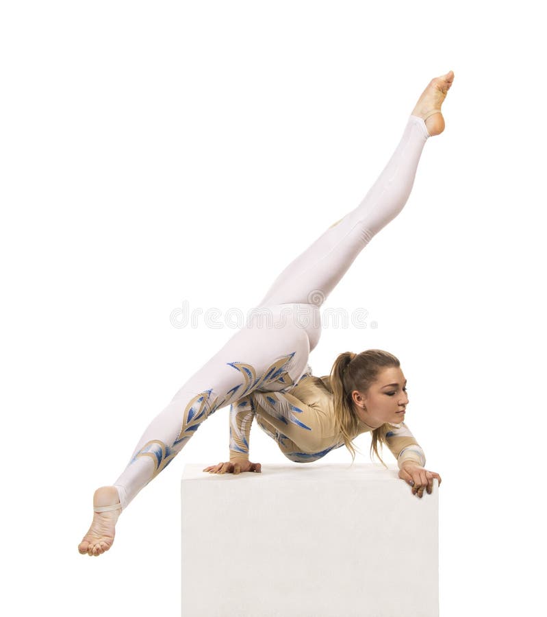 Acrobat Doing Gymnastics, a Young Athlete in a White and Blue Suit ...