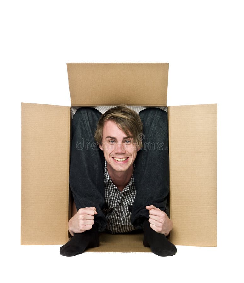 Acrobat Inside of a Cardboard Box. Stock Image - Image of small, white ...