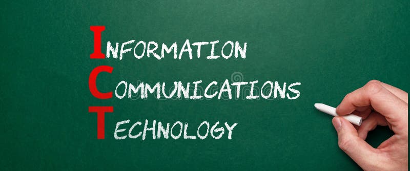 Acronym ICT or Information and Communications Technology. Person Writes ...