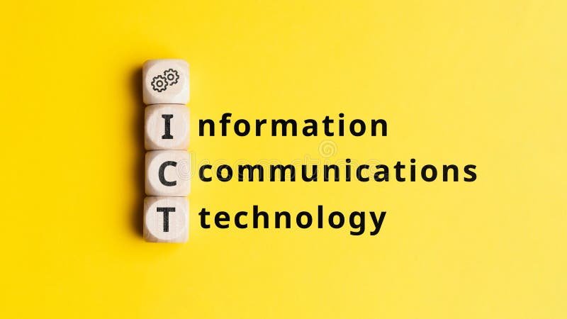 Acronym ICT or Information and Communications Technology. Text on Cubes ...