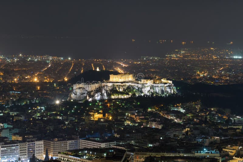 Acropolis in Athens with the City Lights As Background. Night View ...
