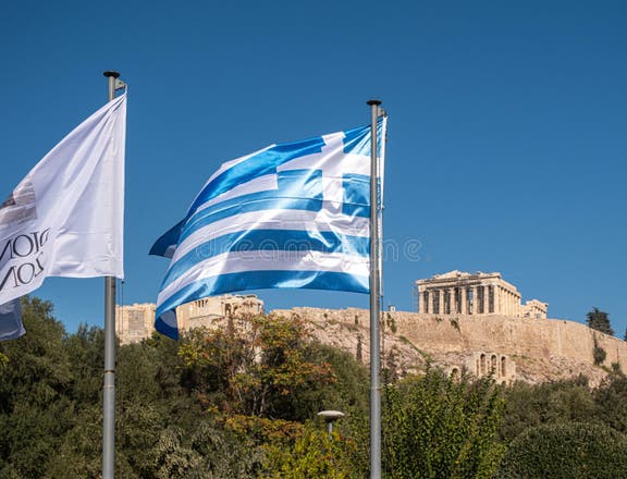 The Acropolis of Athens Greece Behind Greece Flag Editorial Photo ...