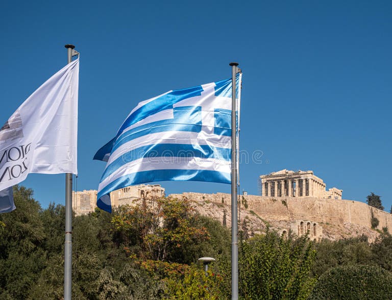 The Acropolis of Athens Greece Behind Greece Flag Editorial Photo ...