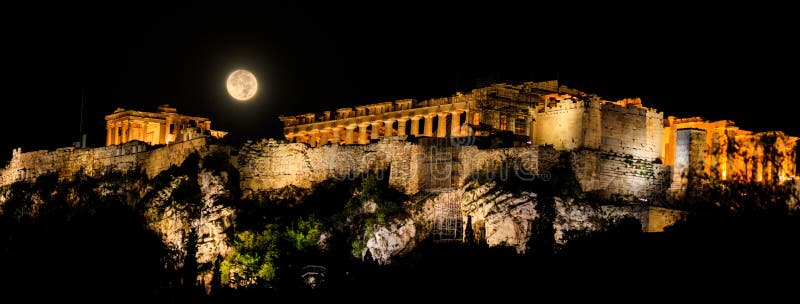 Acropolis of Athens, Greece at a Full Moon Night Stock Photo - Image of ...