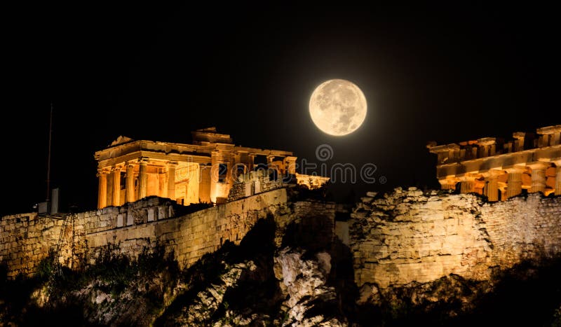 Acropolis of Athens, Greece at a Full Moon Night Stock Image - Image of ...