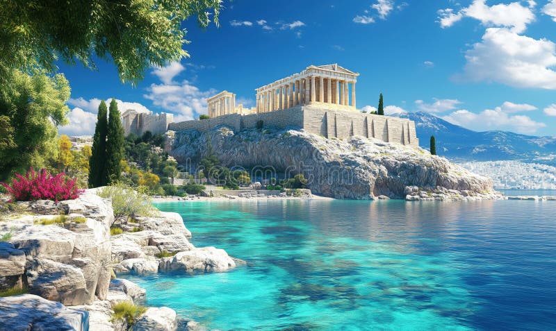 Acropolis of Athens Overlooking Crystal Clear Waters and Lush Greenery ...