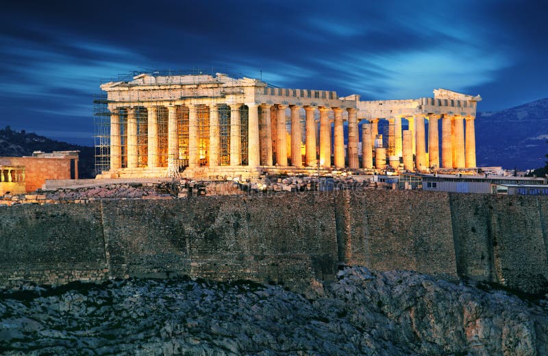 Athens at Night, Greece. Fantasy View of Old Mysterious Parthenon ...