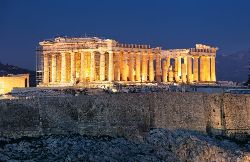 Acropolis Hill - Parthenon Temple in Athens at Night, Greece Stock ...