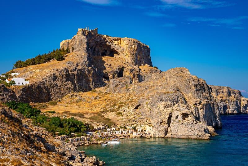 The Acropolis of Lindos and the Beach in St. Paul S Bay Stock Image ...