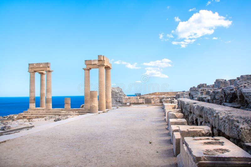 Acropolis of Lindos - View of Doric Columns and Statue Bases on the ...
