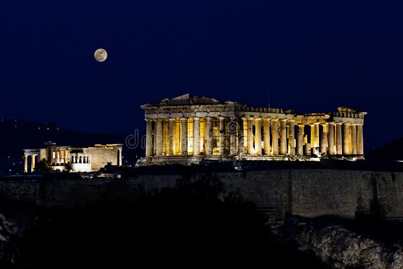 Acropolis (parthenon) by Night, Under Full Moon, Stock Image - Image of ...