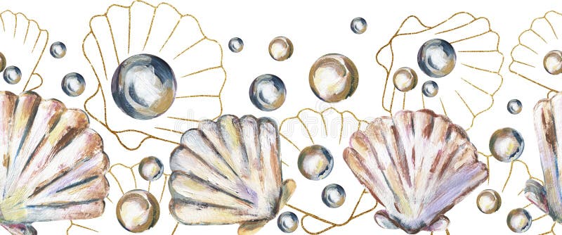 Acryl Seashell Seamless Border Illustration, Graphic Hand Drawn Shell ...