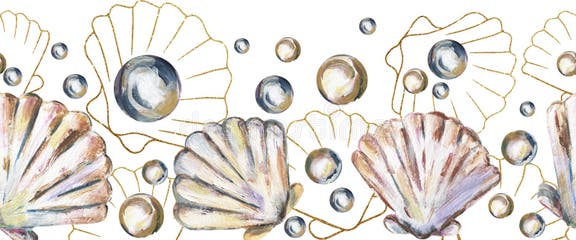 Acryl Seashell Seamless Border Illustration, Graphic Hand Drawn Shell ...