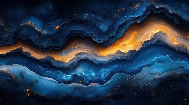 Acrylic Fluid Art. Blue Waves and Gold Inclusion Stock Illustration ...