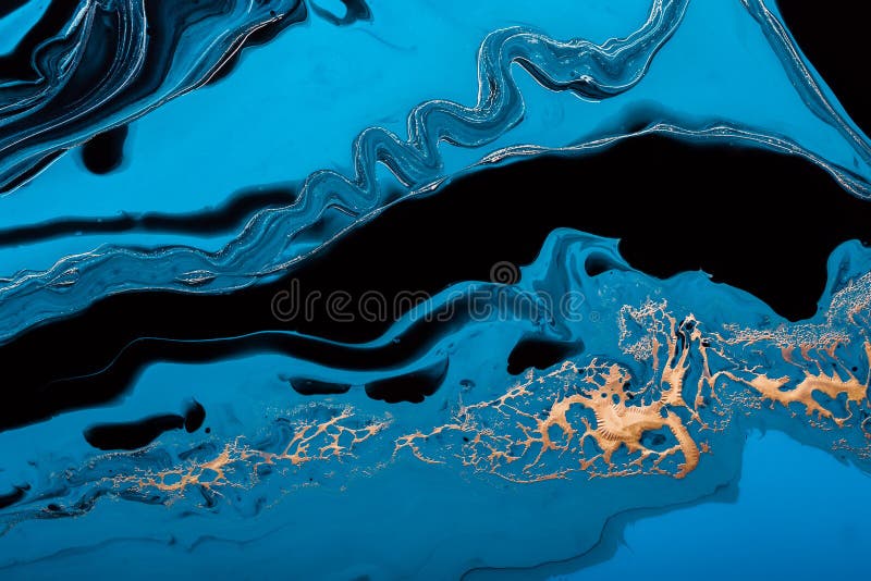 Acrylic Fluid Art. Blue Waves and Gold Inclusion Stock Image - Image of ...