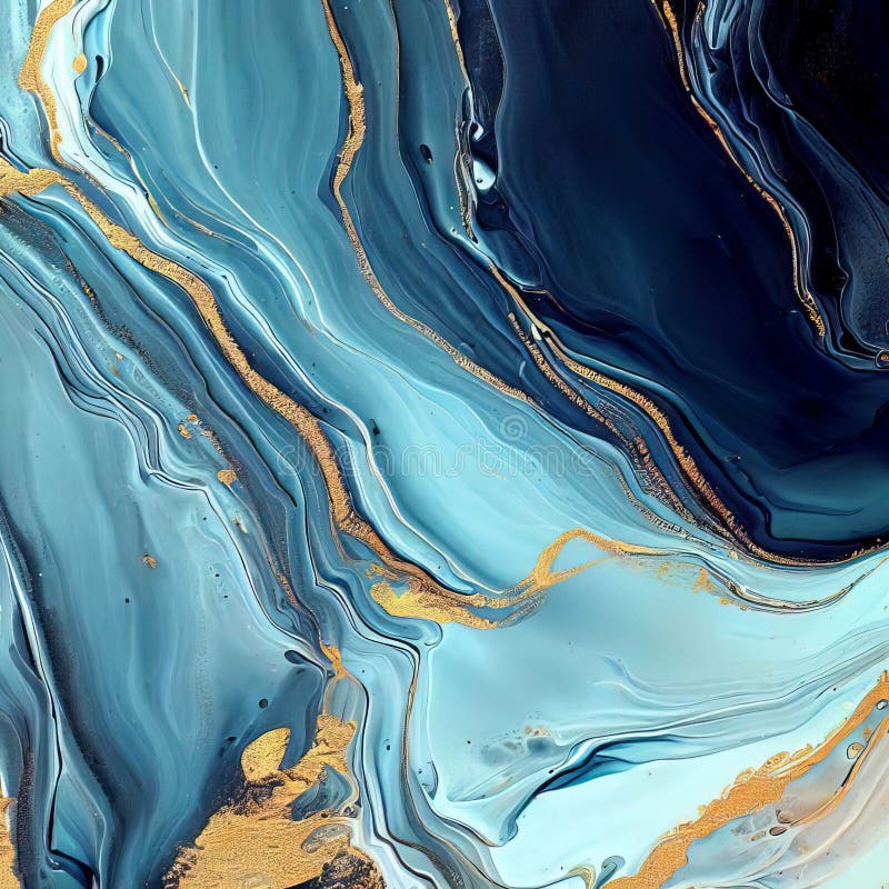 Acrylic Fluid Art. Blue Waves and Gold Inclusion Stock Illustration ...