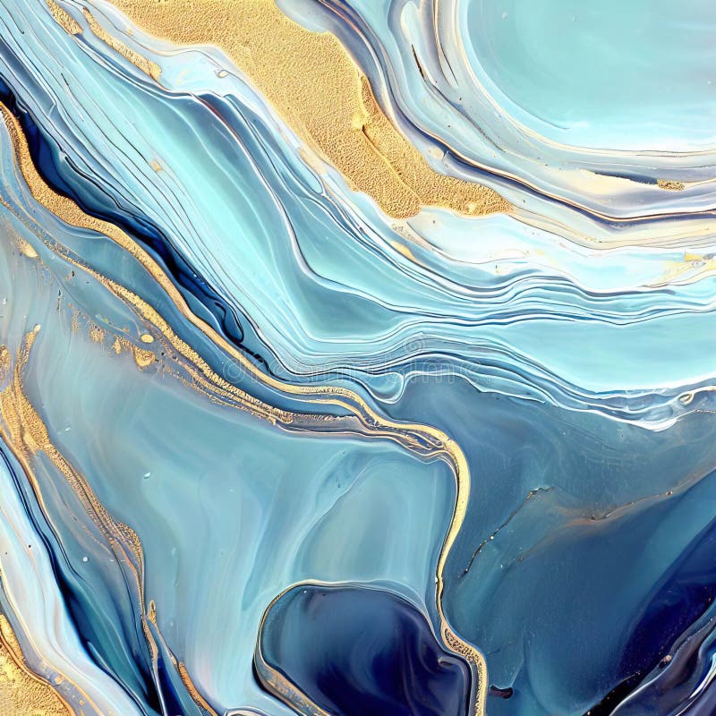 Acrylic Fluid Art. Blue Waves and Gold Inclusion Stock Illustration ...