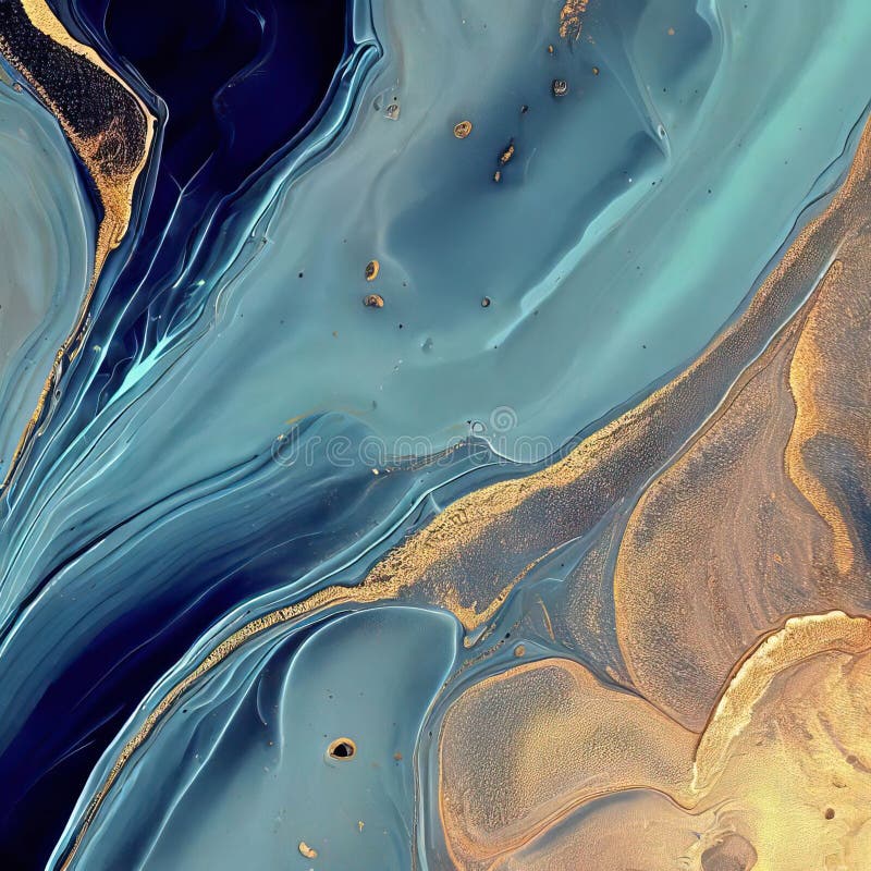 Acrylic Fluid Art. Blue Waves and Gold Inclusion Stock Illustration ...