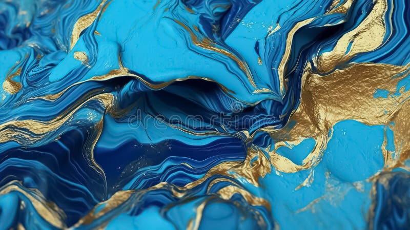 Acrylic Fluid Art. Blue Waves and Gold Inclusion Stock Illustration ...