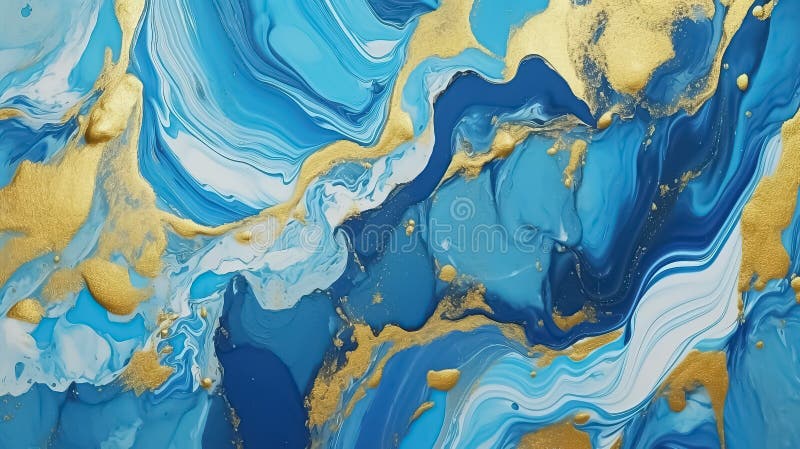 Acrylic Fluid Art. Blue Waves and Gold Inclusion Stock Illustration ...