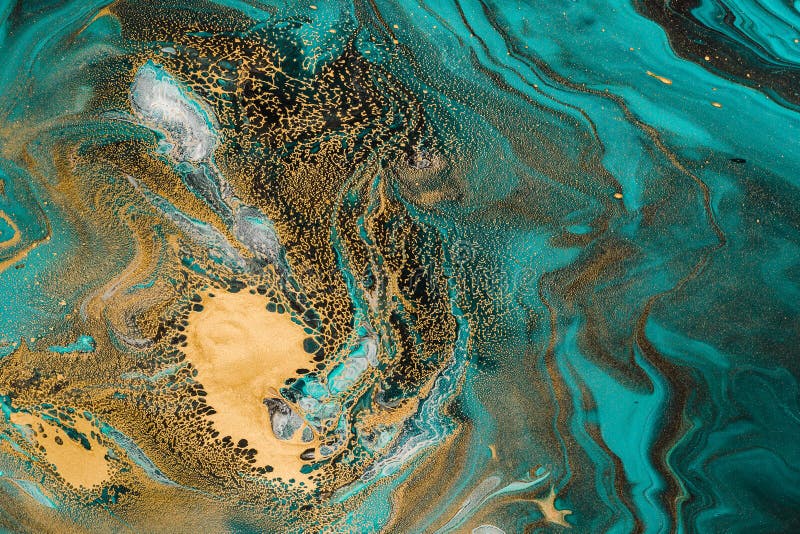 Acrylic Fluid Art. Turquoise Waves and Gold Inclusion Stock Photo ...