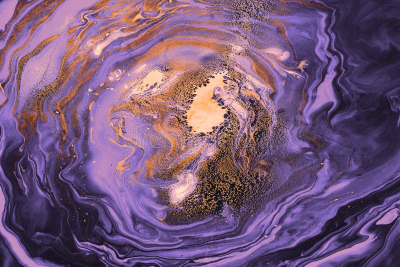 Acrylic Fluid Art. Violet Vortex Waves and Gold Particles Stock Image ...