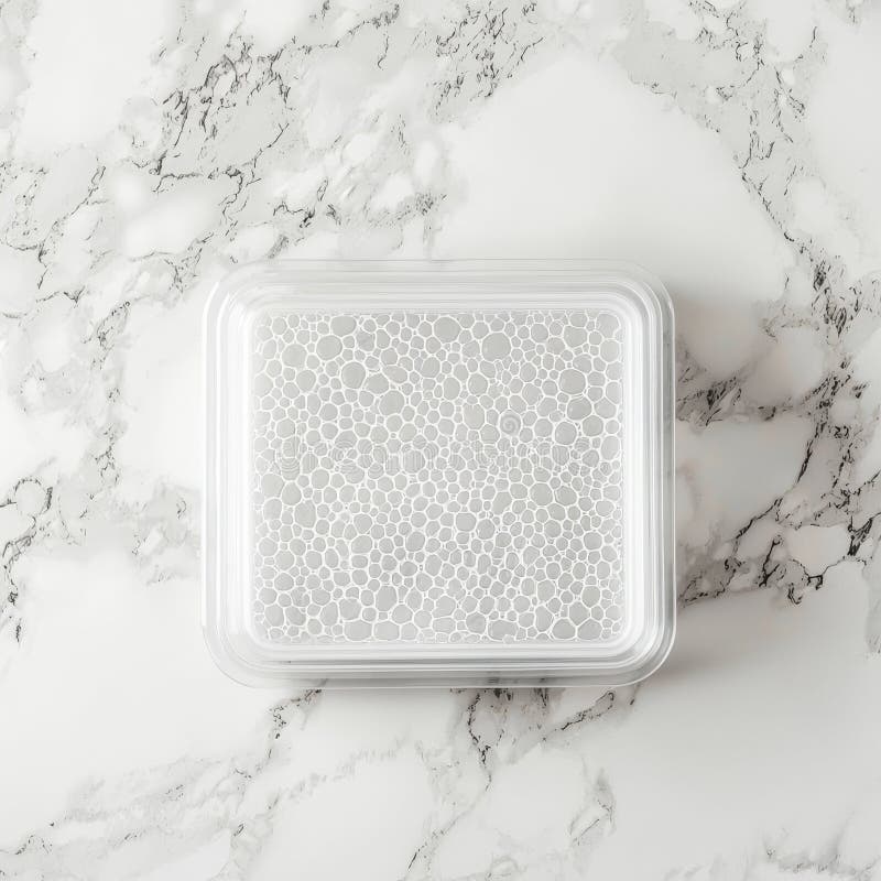 An Acrylic Food Container with a Bubbled Lid Rests on a Marble Work ...