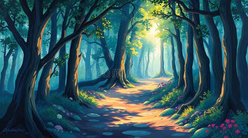 Acrylic Forest Path, Glowing Light, Soft Anime Strokes, Enchanted Vibe ...